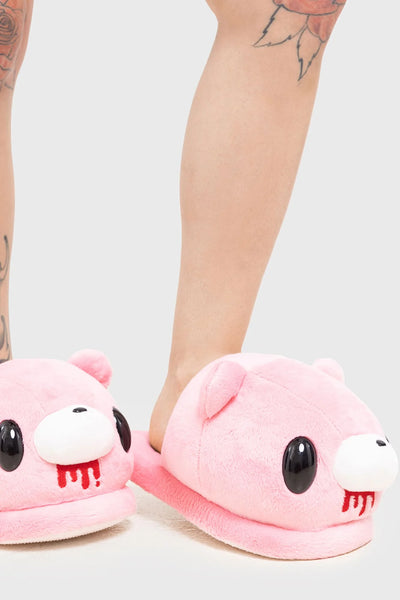 Killstar Gloomy Bear Pink Slippers with Embroidery Detail and Ears Glo ...